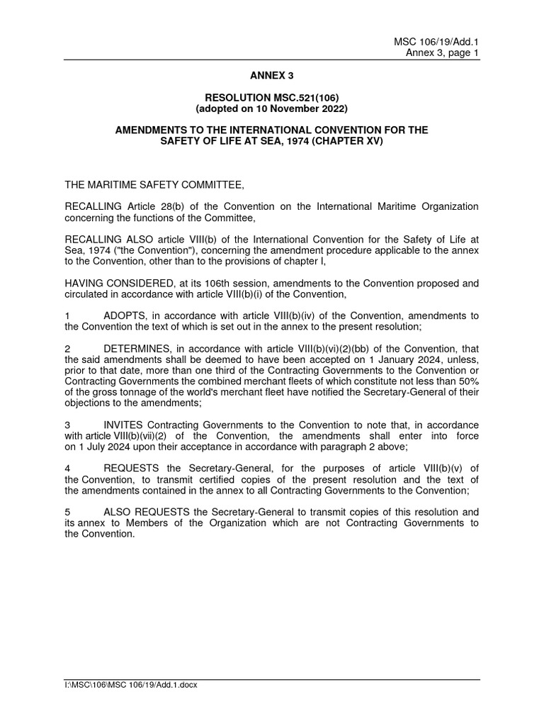 MSC 521 (106) - Amendments To SOLAS | PDF | Technology & Engineering