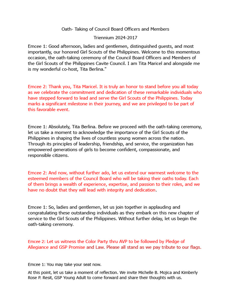 Emcee Script Oath Ceremony GSP | PDF