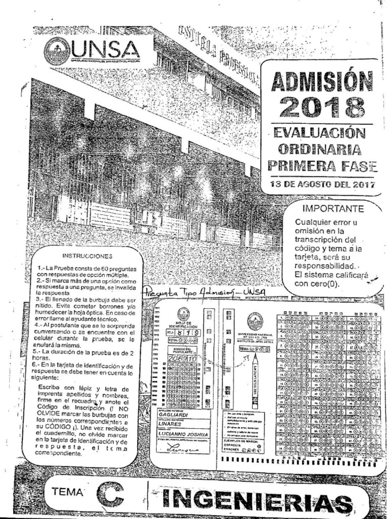 Examen Ordinario UNSA (2018-I) - INGENIERÍA | PDF