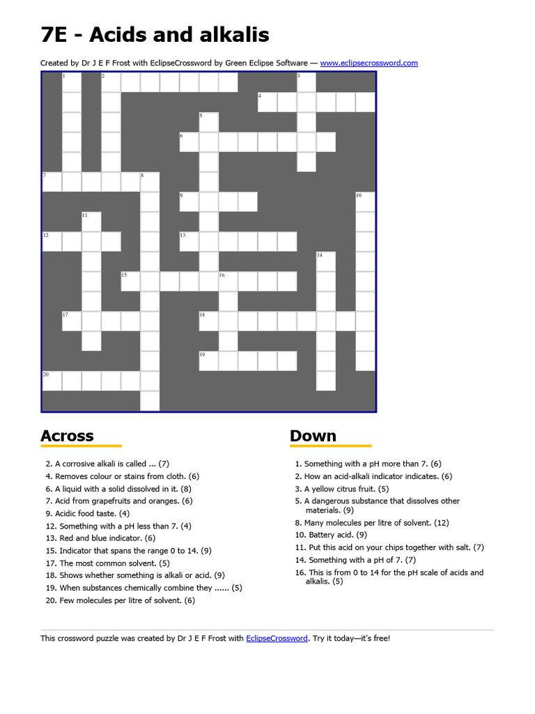 Acids and Alkalis Crossword Puzzle | PDF