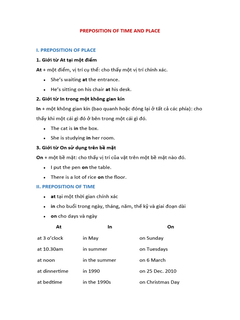 PREPOSITIONS OF TIME AND PLACE | PDF