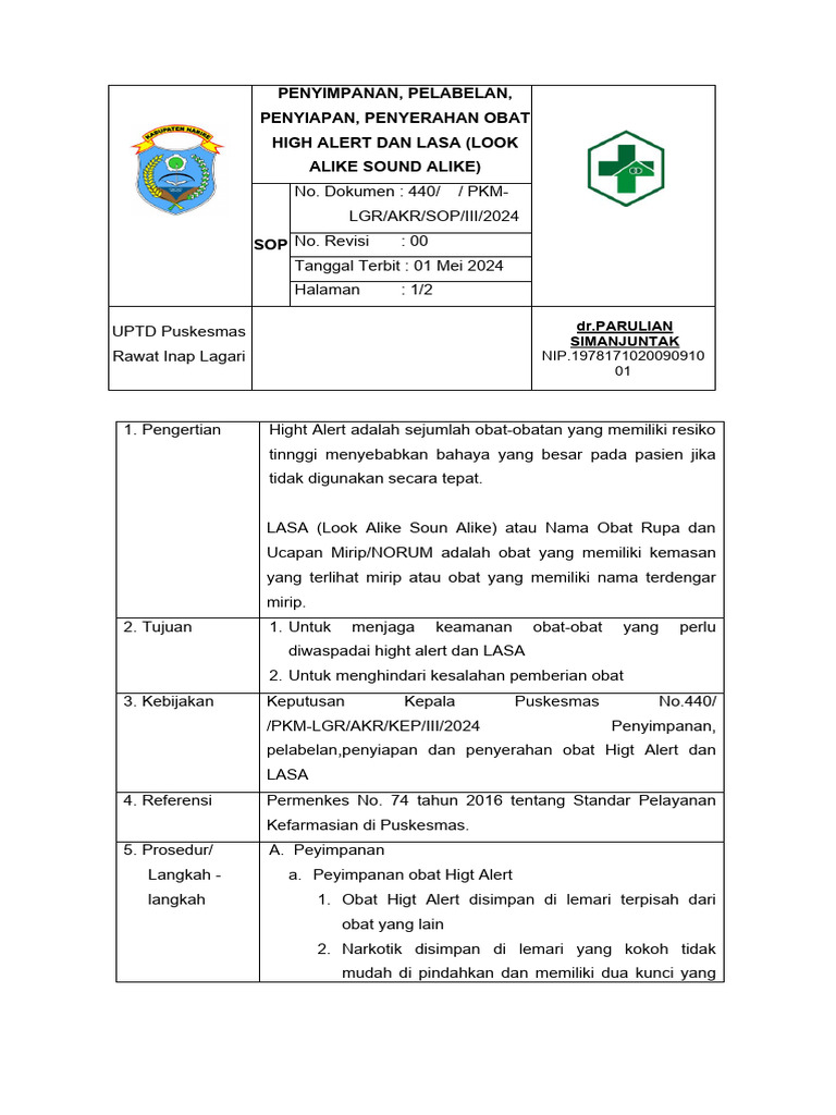 SOP Obat High Alert & LASA | PDF