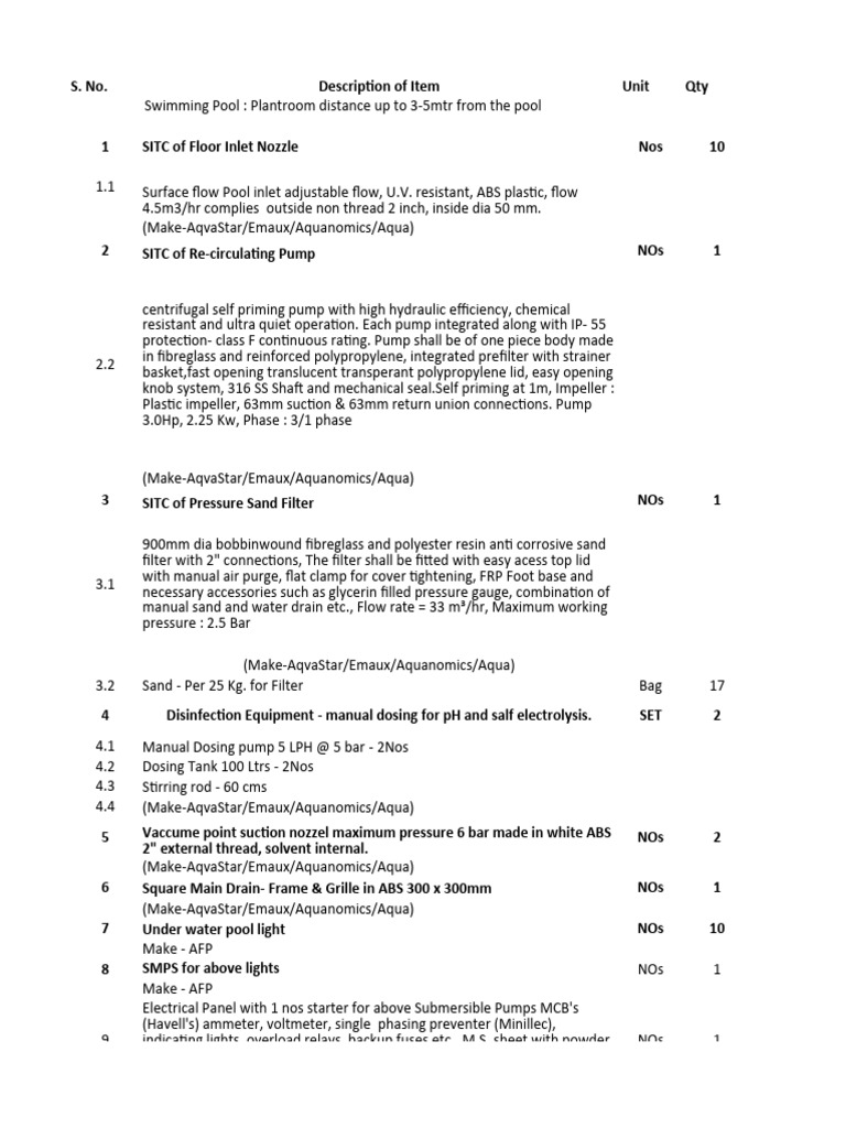 Quatation of Swimming Pool Harish | PDF | Pump | Pipe (Fluid Conveyance)