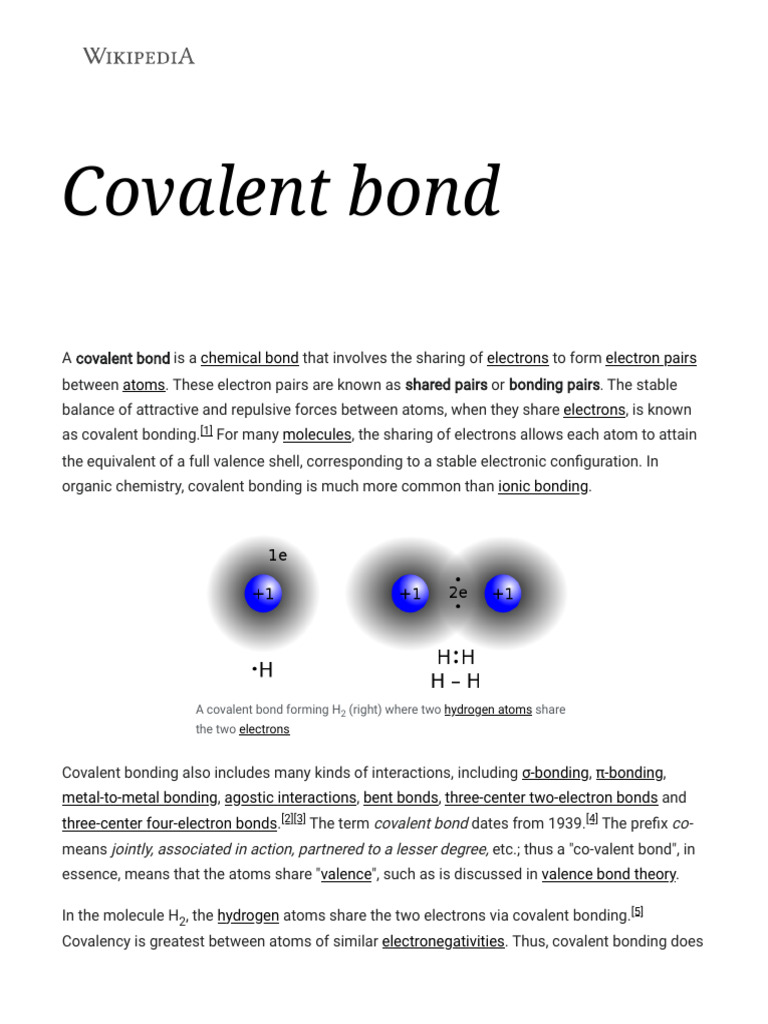 Covalent Bond - Wikipedia | PDF | Covalent Bond | Molecular Orbital