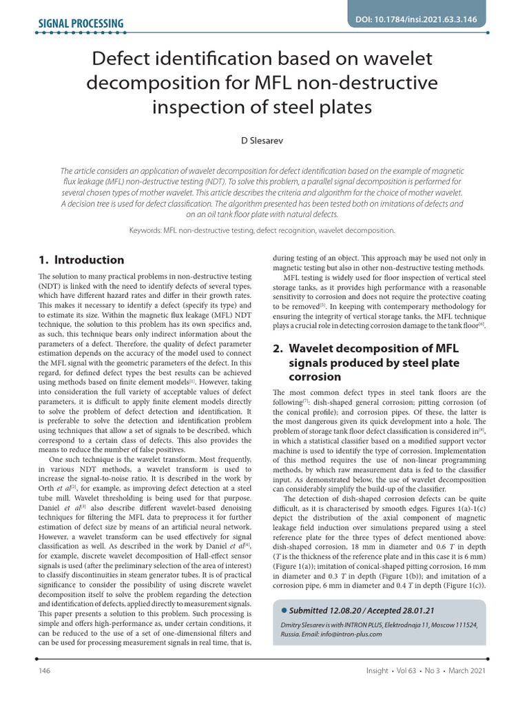 Defect Identification Based On Wavelet Decomposition Pdf Nondestructive Testing Wavelet