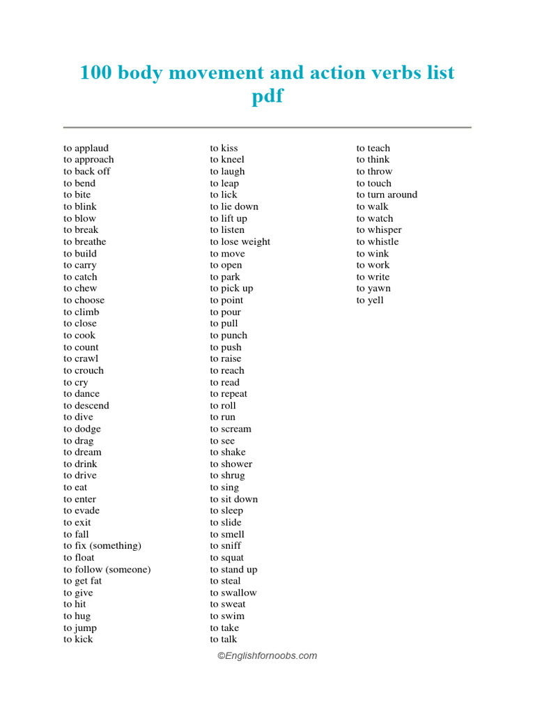 100 Body Movement and Action Verbs List | PDF