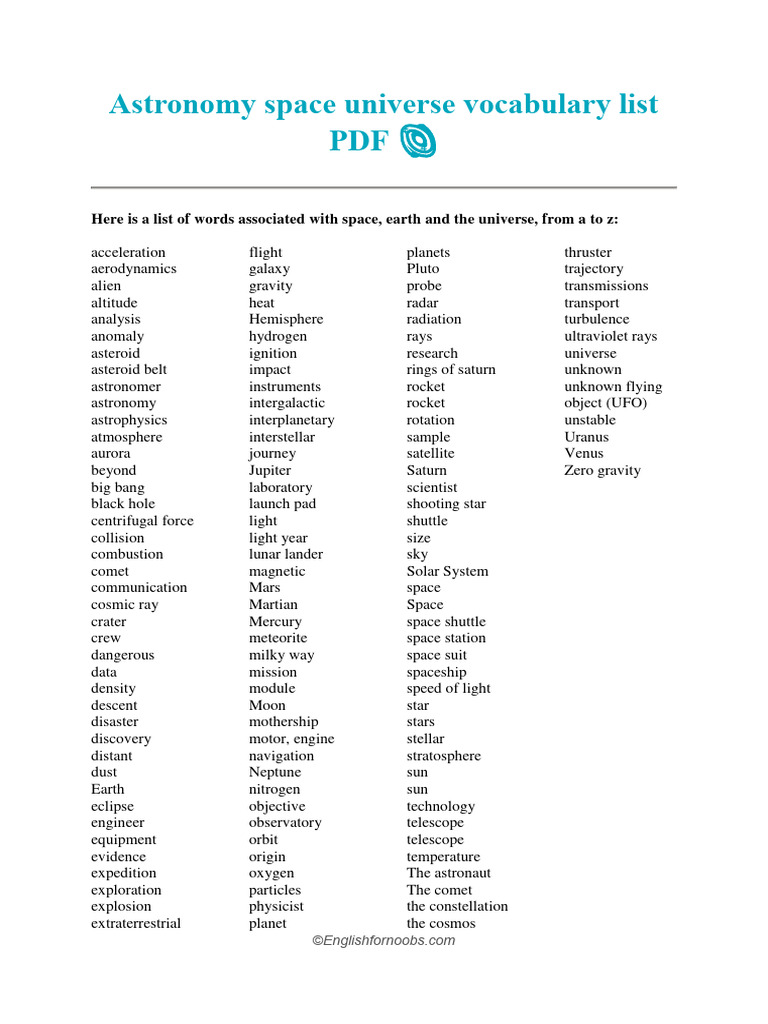 Astronomy Space Universe Vocabulary List | PDF | Outer Space | Astronomy
