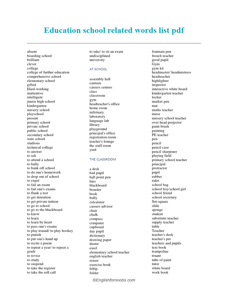 Education School Related Words List | PDF | Schools | Teachers