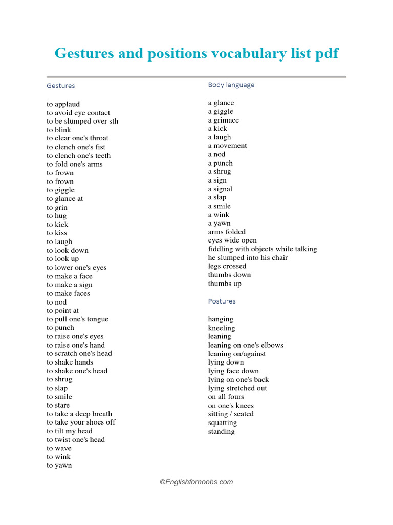 Gestures and Positions Vocabulary List | PDF | Self-Improvement