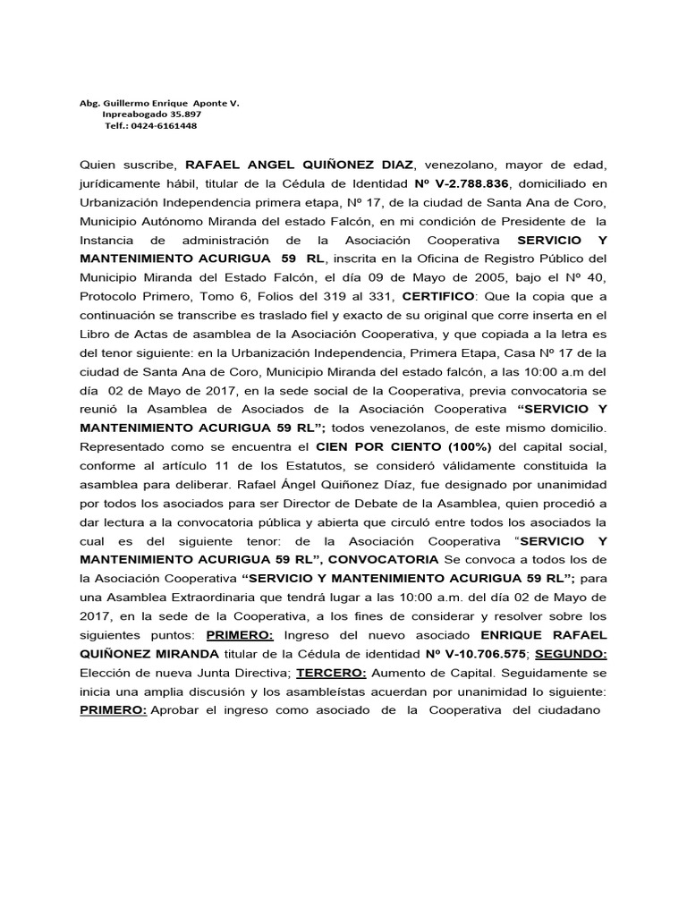 Acta Aumento de Capital Coop Compadrito | PDF | Gobierno