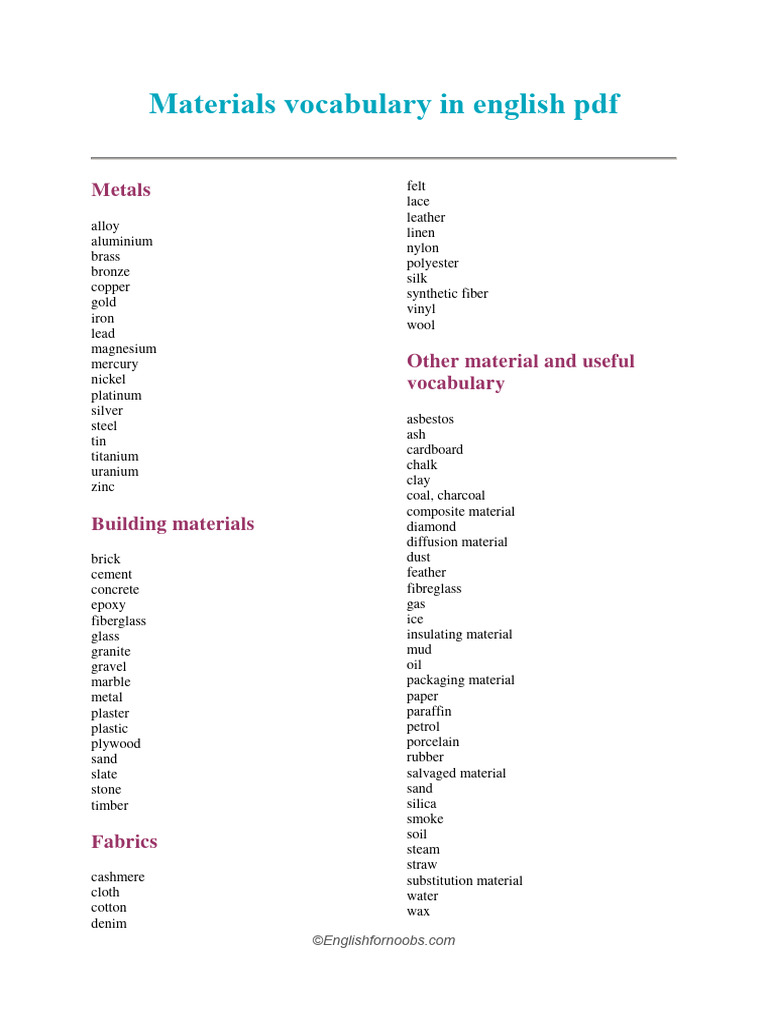 Materials Vocabulary in English | PDF