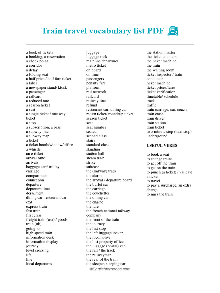 Train Travel Vocabulary List | PDF | Train | Baggage