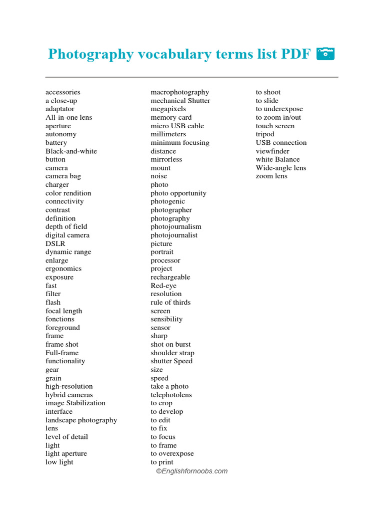 Photography Vocabulary Terms List | PDF