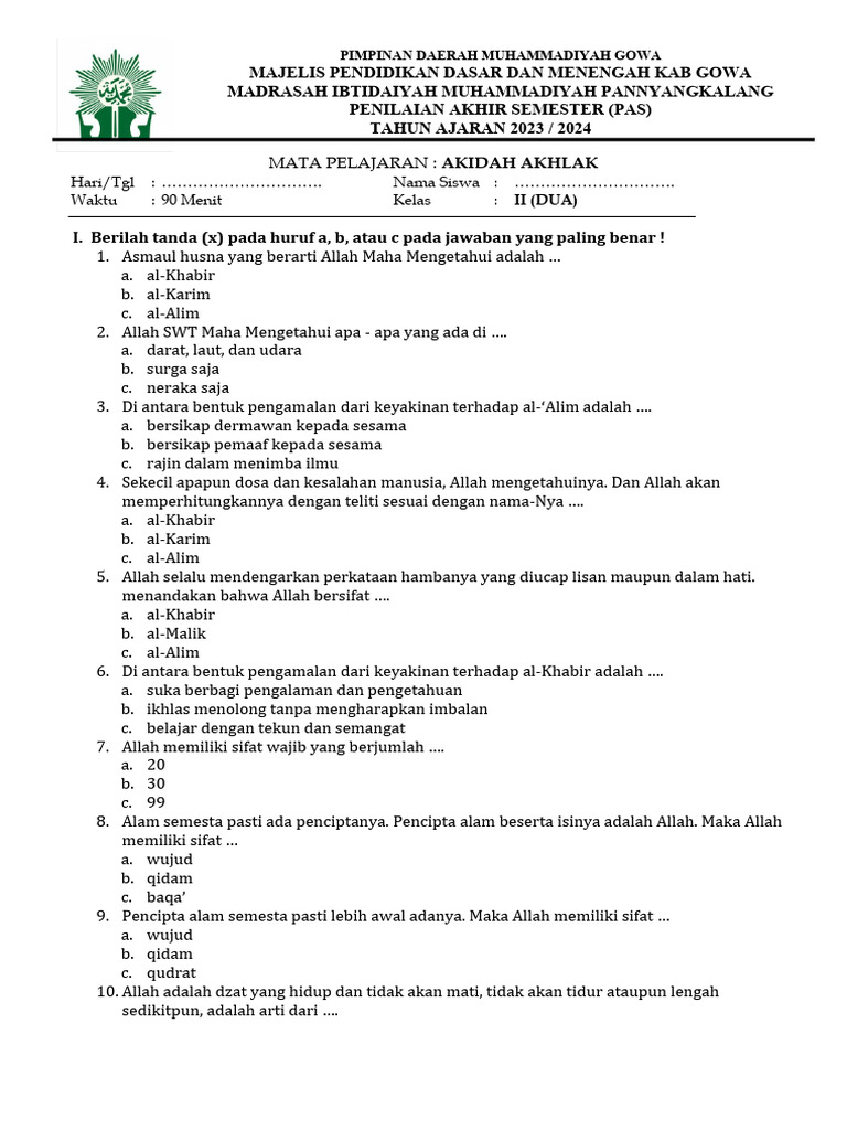 Soal PAS Akidah Akhlak Kls 2 | PDF