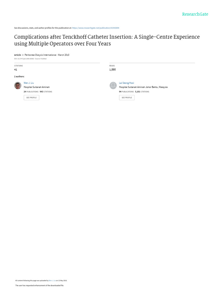 Complications After Tenckhoff Catheter Insertion A | PDF | Surgery ...