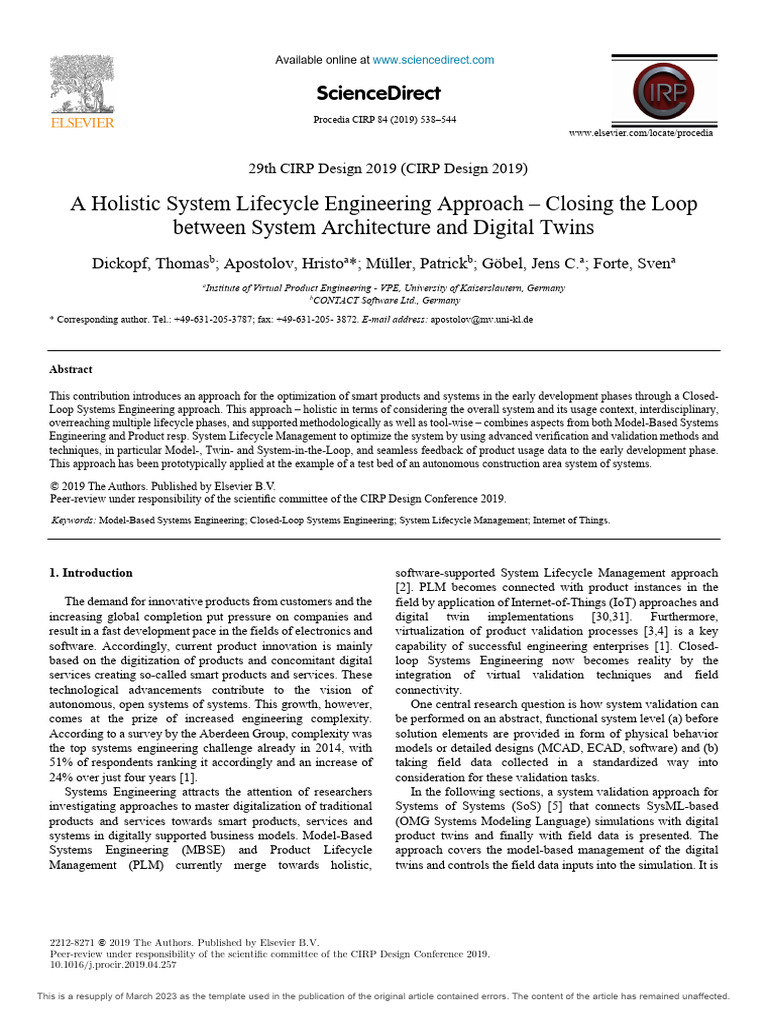 A Holistic System Lifecycle Engineering Approach - Closing The - 2019 - Procedi | PDF | Product ...