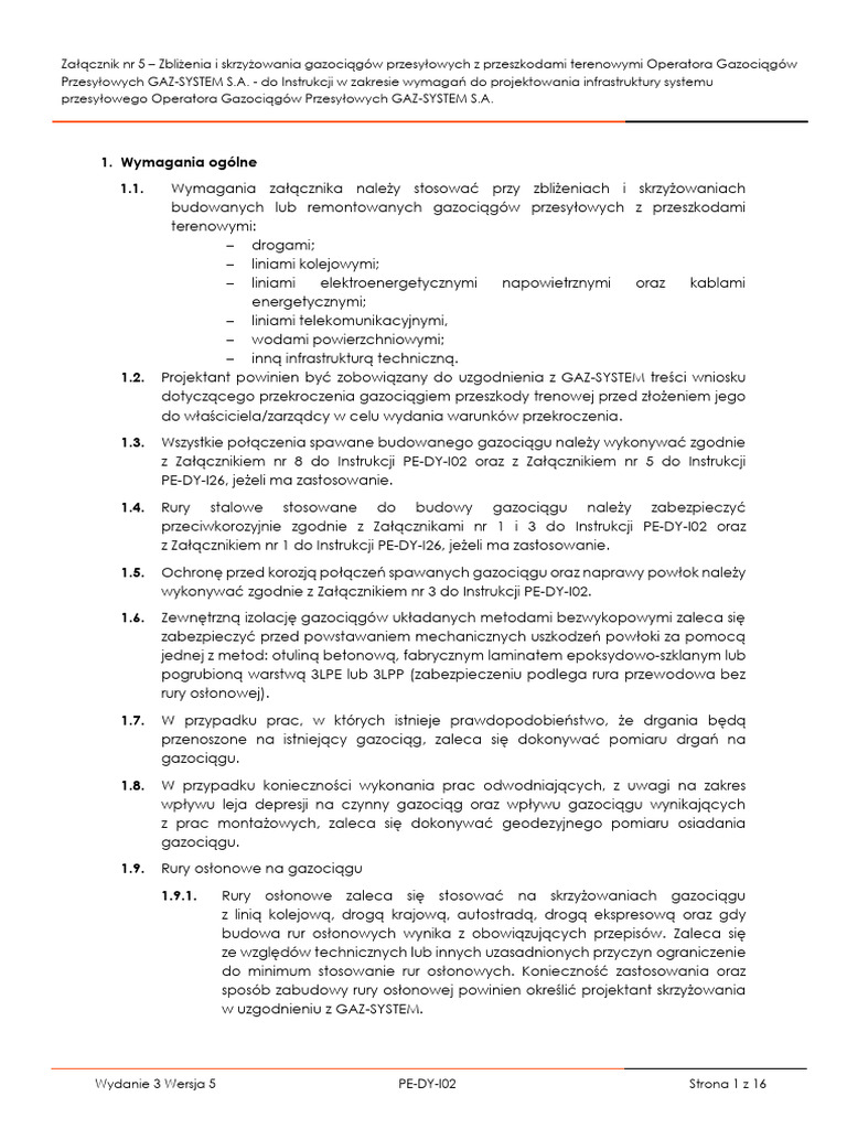 PE-DY-I02 Zalacznik NR 5 Zblizenia I Skrzyzowania Gazociagow Z Przeszkodami Terenowymi | PDF