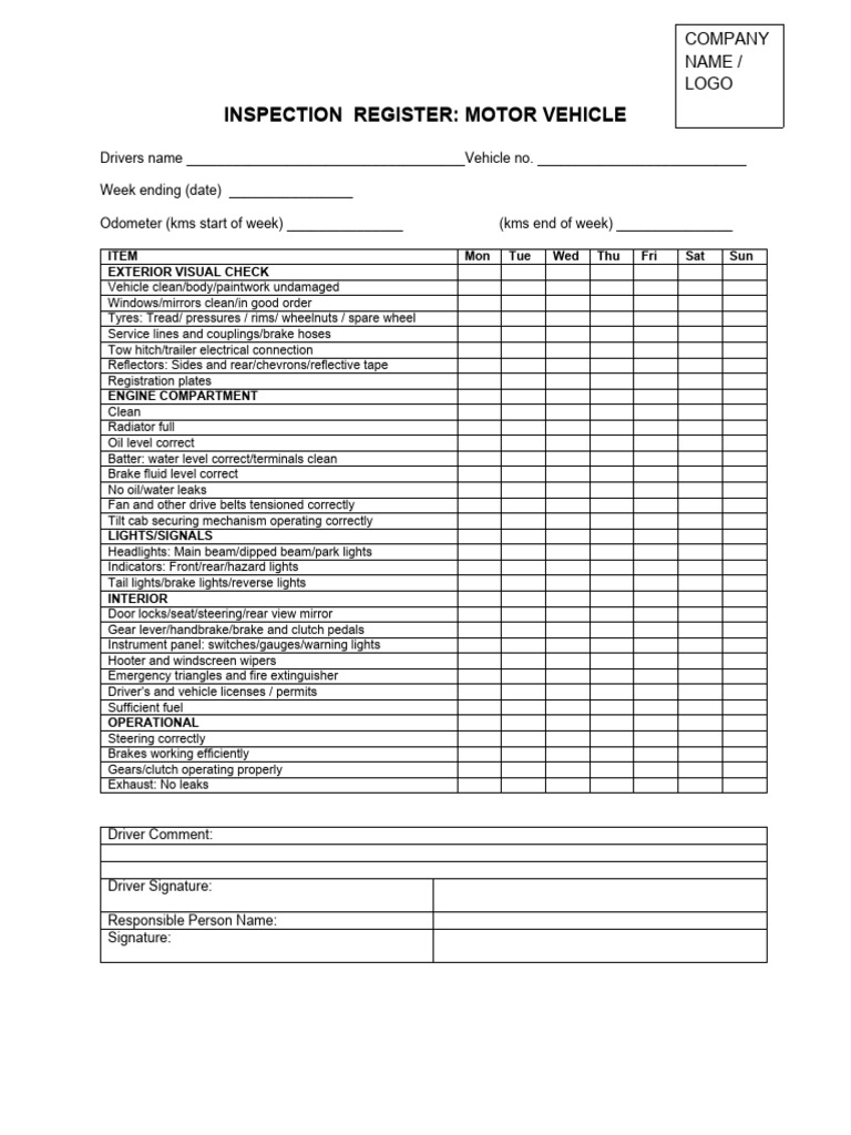 Motor Vehicle Inspection Register | PDF