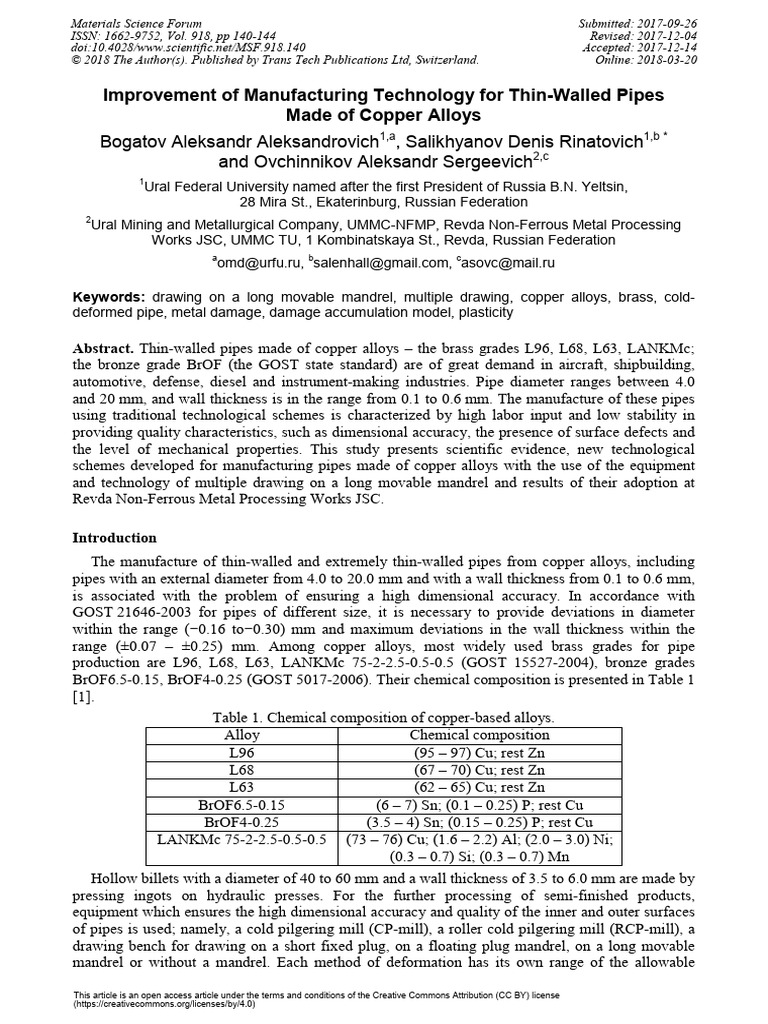Improvement of Manufacturing Technology for Thin-Walled Pipes Made of Copper Alloys | PDF ...