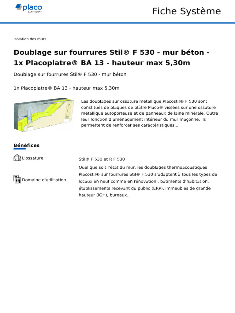 Doublage Sur Fourrures StilR F 530 Mur Beton 1x PlacoplatreR BA 13 ...