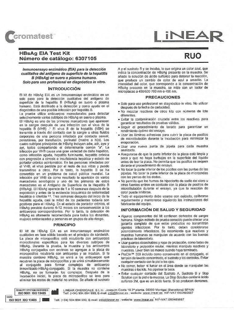 HBsAg EIA Test Kit Número de Catálogo 6307105 | PDF