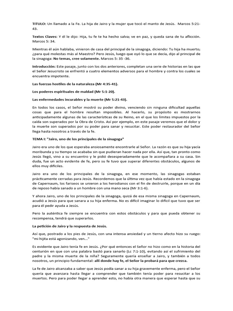 Fe y Milagros: Jairo y la Mujer Enferma | PDF | Jesús | Fe