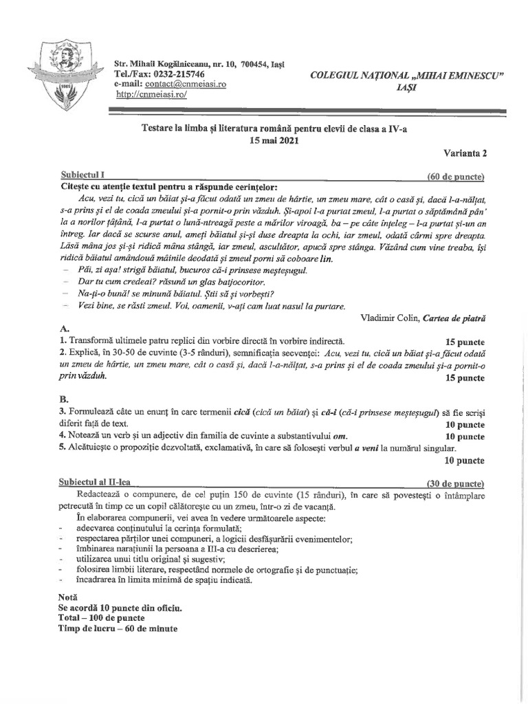 Subiect Limba Romana | PDF