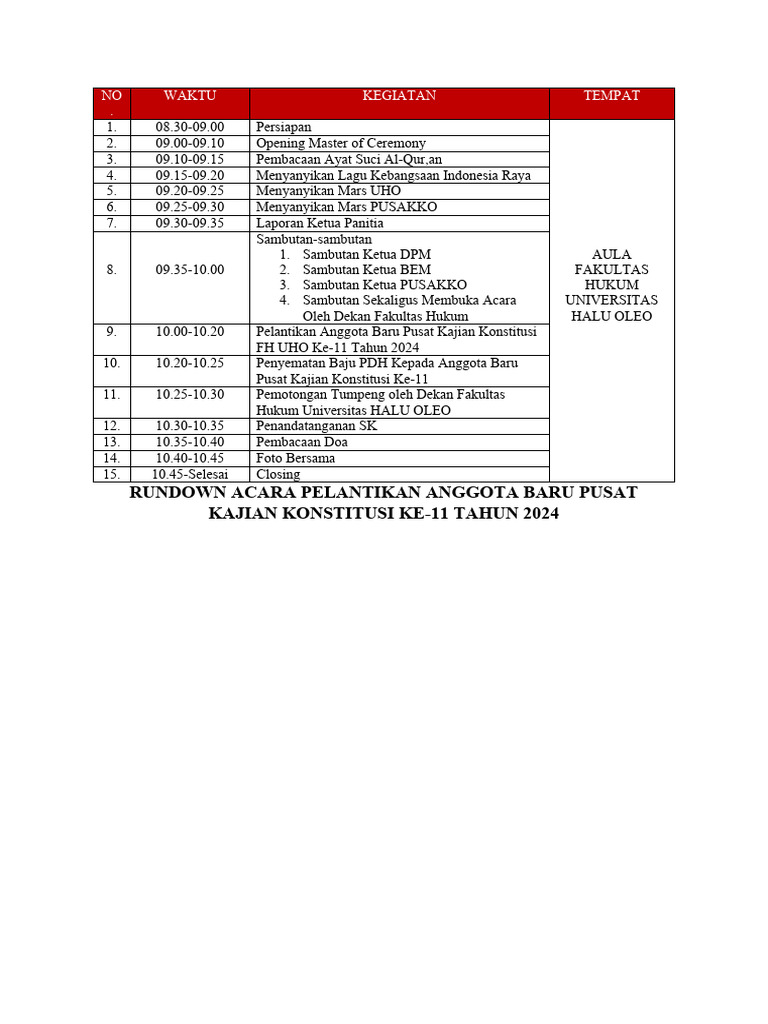 Rundown Acara Pelantikan Pusakko - 1 | PDF