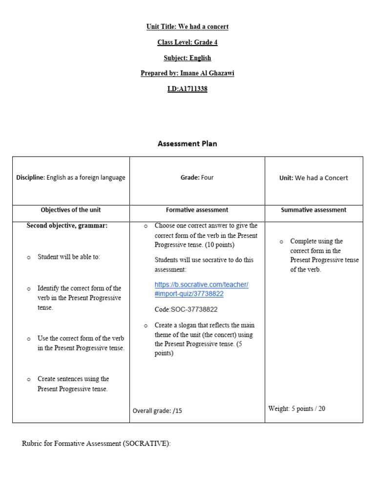 Assessment Plan | PDF | Verb | Linguistics