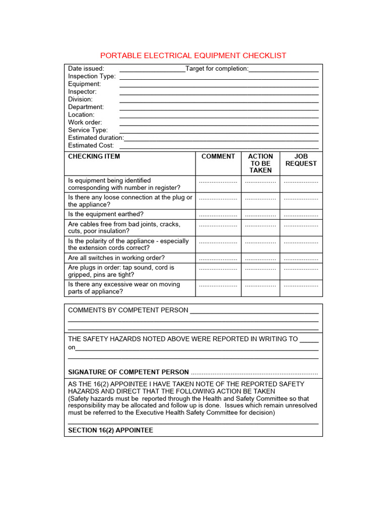 Checklist Portable Electrical Equipment | PDF | Equipment ...
