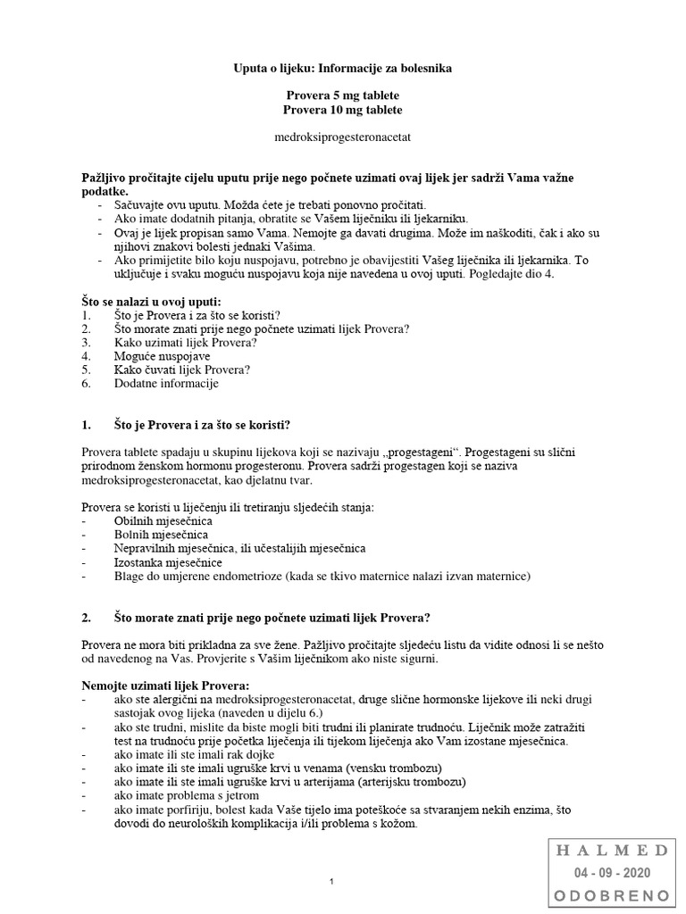 Uputa o Lijeku Provera 5 MG I 10 MG | PDF