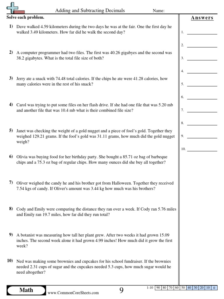 Adding and Subtracting Decimals: Answer Key | Download Free PDF | Units ...