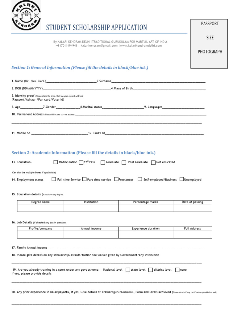 Kalaripayattu Scholarship Application | PDF