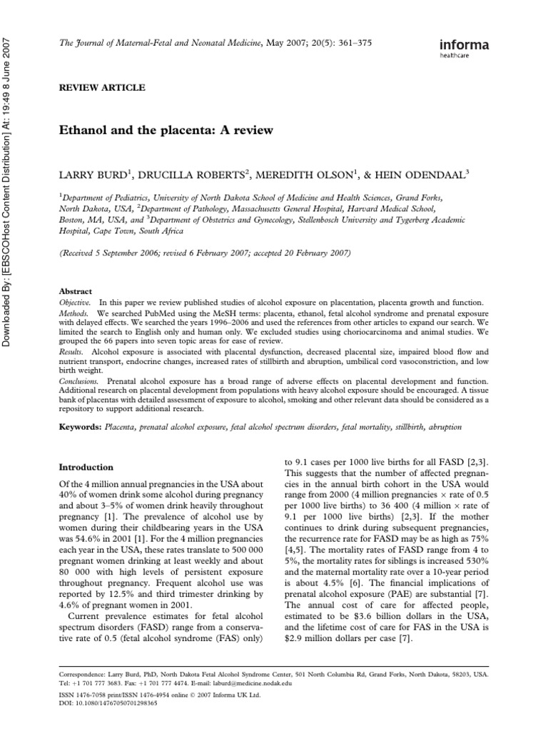 Ethanol and The Placenta A Review | PDF | Placenta | Fetus