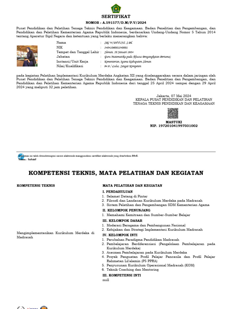 Sertifikat Pelatihan Implementasi Kurikulum Merdeka 07-05-2024 | PDF