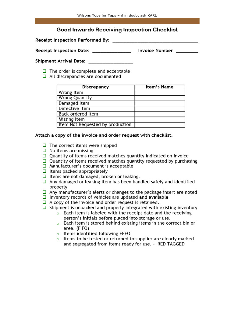 R New Goods Inwards Chyecklist KARL | PDF
