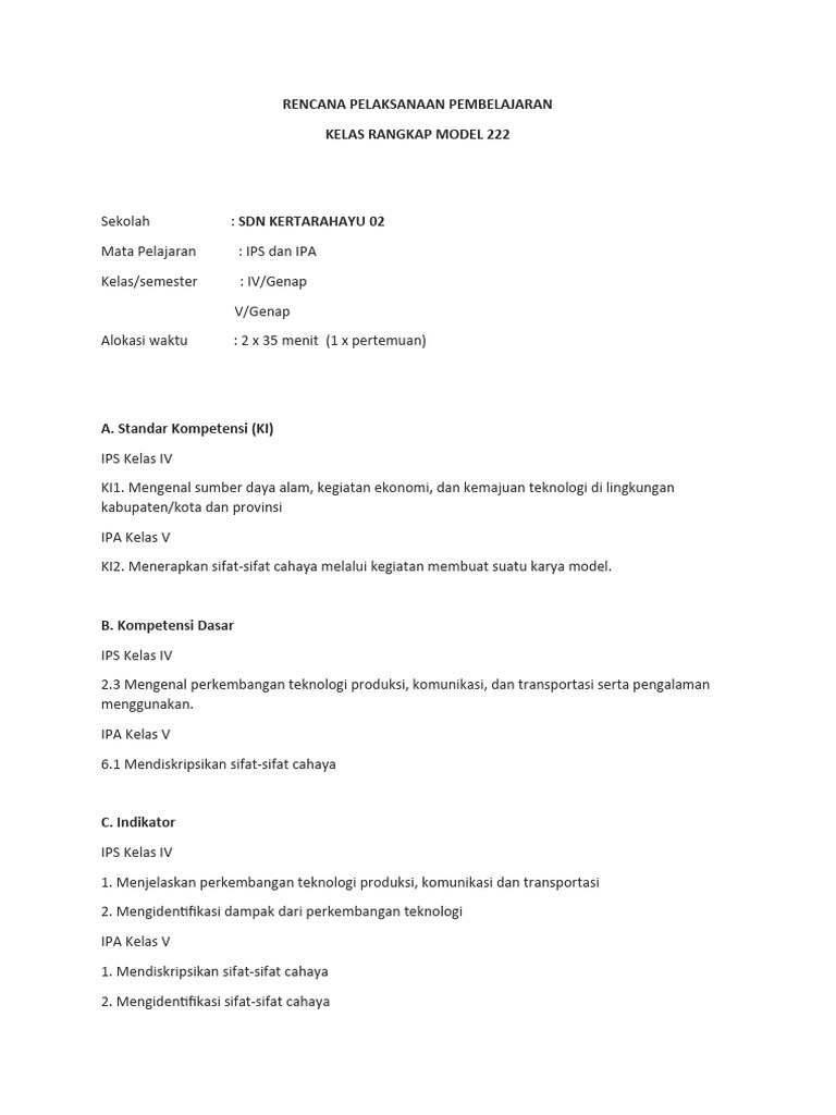 RPP Kelas Rangkap Model 222 | PDF | Seni | Sains & Matematika