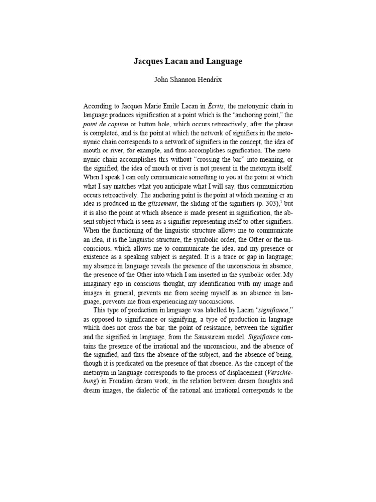 Lacan's Language and Unconscious | PDF | Unconscious Mind | Jacques Lacan