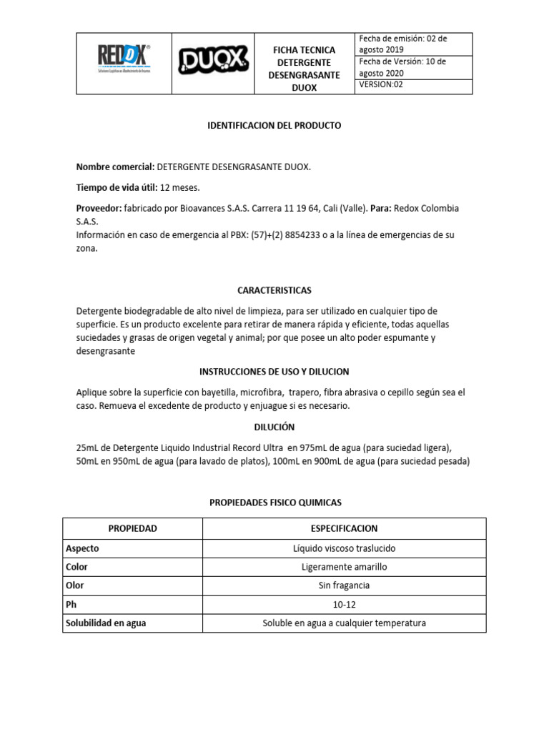 FT Detergente Desengrasante Duox | PDF | Detergente | Agua