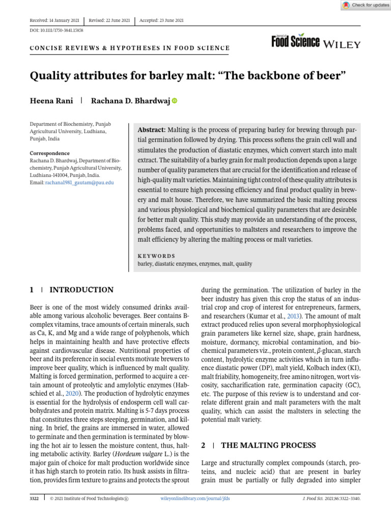 Journal of Food Science - 2021 - Rani - Quality Attributes For Barley ...