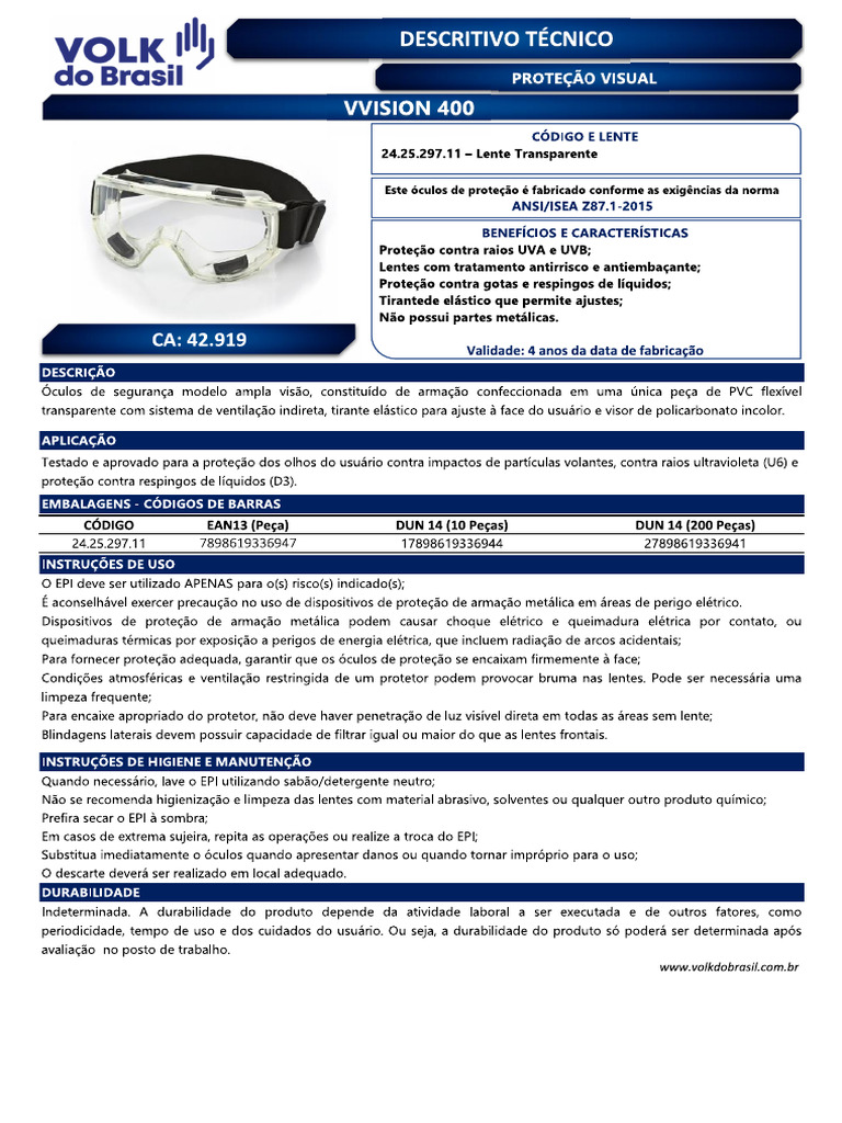Óculos Ampla Visão VVISION-400 C.A 42919 | PDF