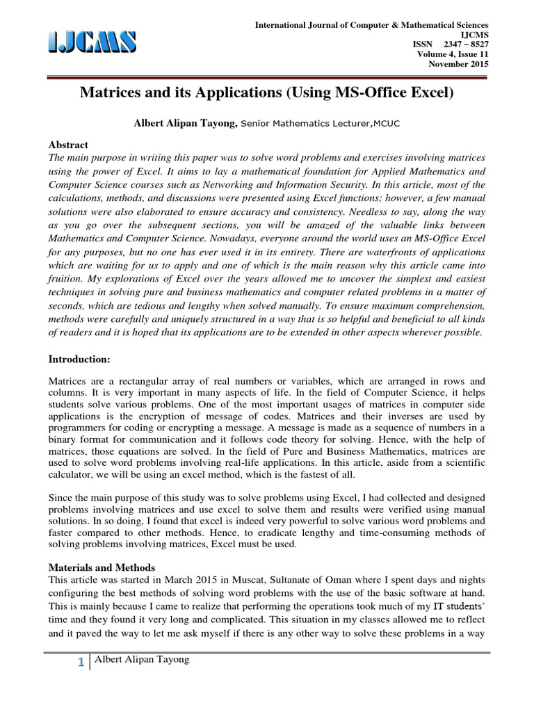 Matrices and Its Applications Using MS O1 | PDF | Matrix (Mathematics ...