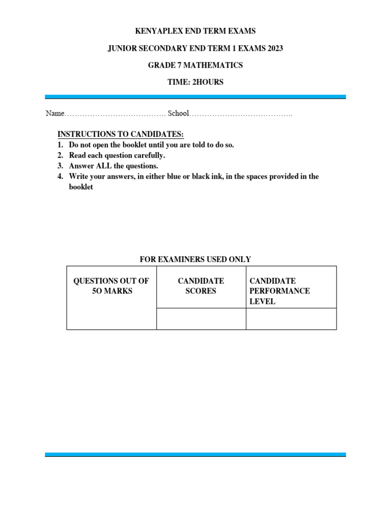 1558 Grade 7 Mathematics End of Term 1 Examination 2023 PDF Format ...