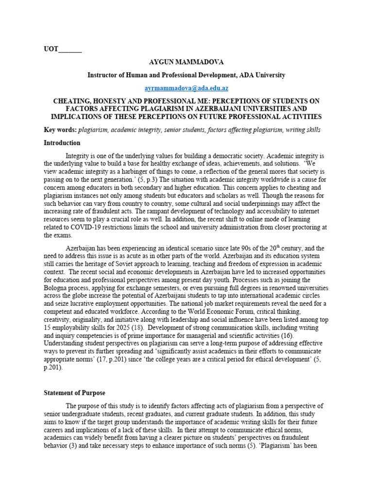 Plagiarism Perceptions Aygun Mammadova | PDF | Plagiarism | Survey Methodology