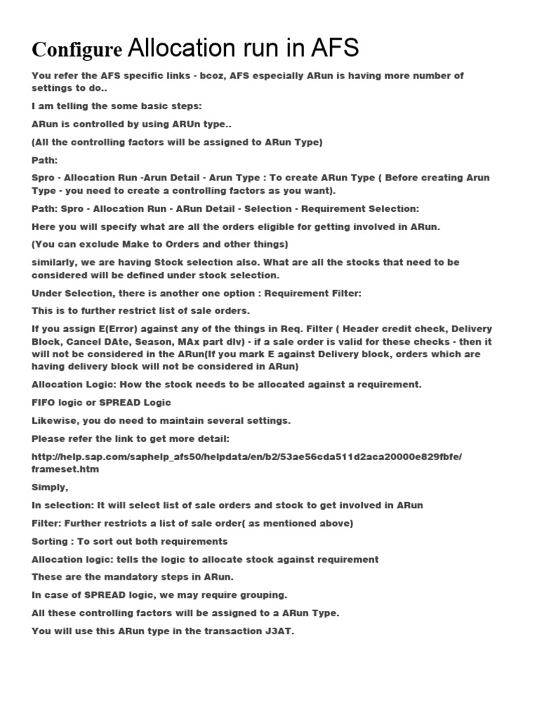Configure Allocation Run in SAP | PDF