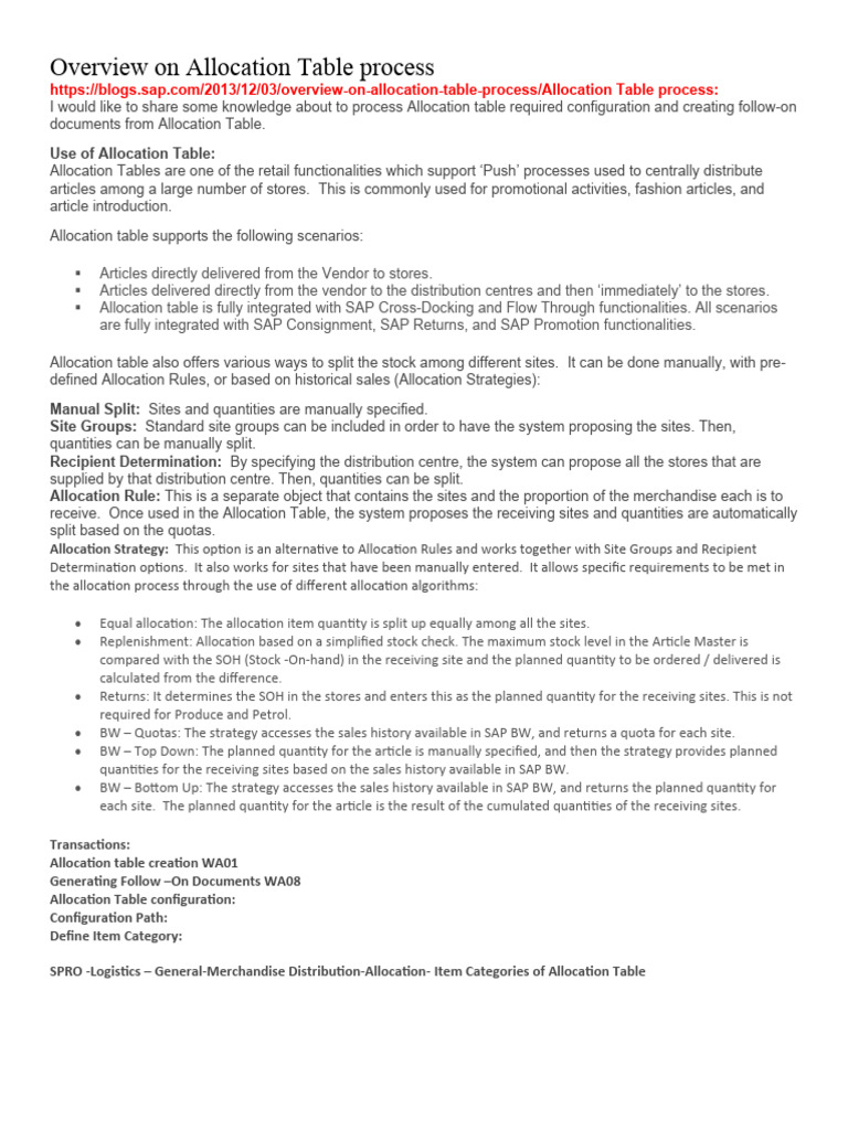 Allocation Table Process in Sap | PDF | Merchandising | Computing