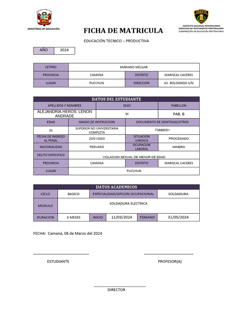Ficha de Matricula - Modulo I | PDF | Educación Secundaria | Documento de identidad