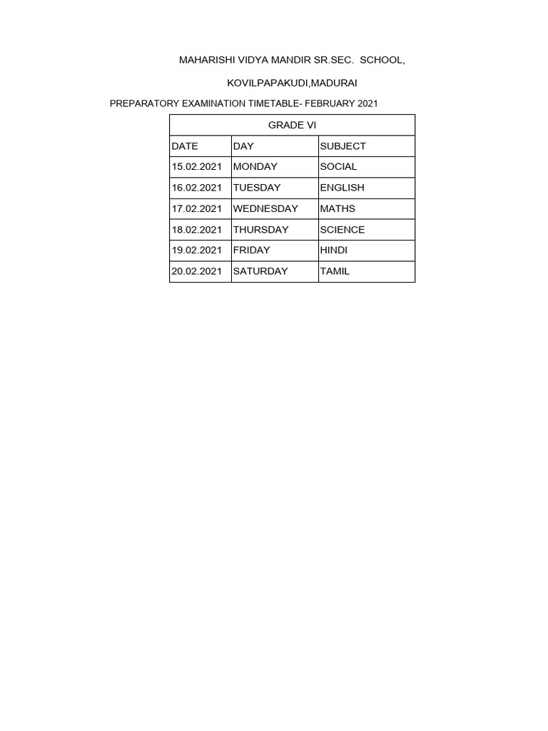 Grade Vi Feb Timetable | PDF