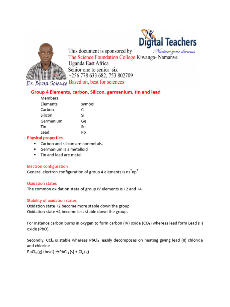 Group 4 Elements: Properties and Reactions | PDF | Hydroxide | Chlorine