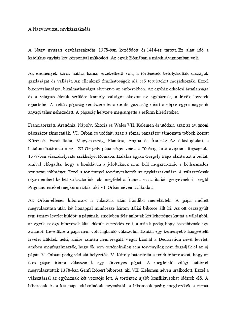A Nagy Nyugati Egyházszakadás Emelt Történelem Érettségi Esszé | PDF